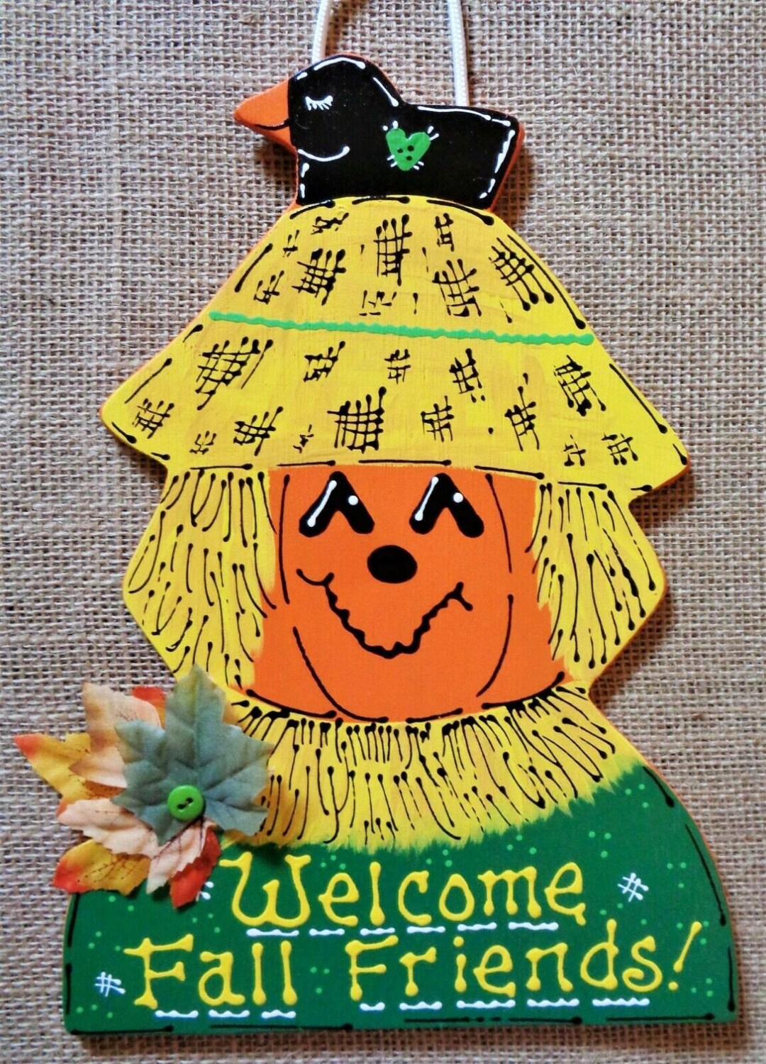 WELCOME FALL FRIENDS Sign Scarecrow Halloween Holiday Autumn Crow ...