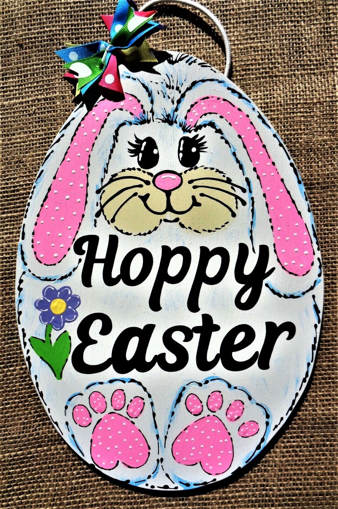 HOPPY EASTER Egg Shaped RABBIT Sign Wall Art Door Hanger Bunny Plaque ...