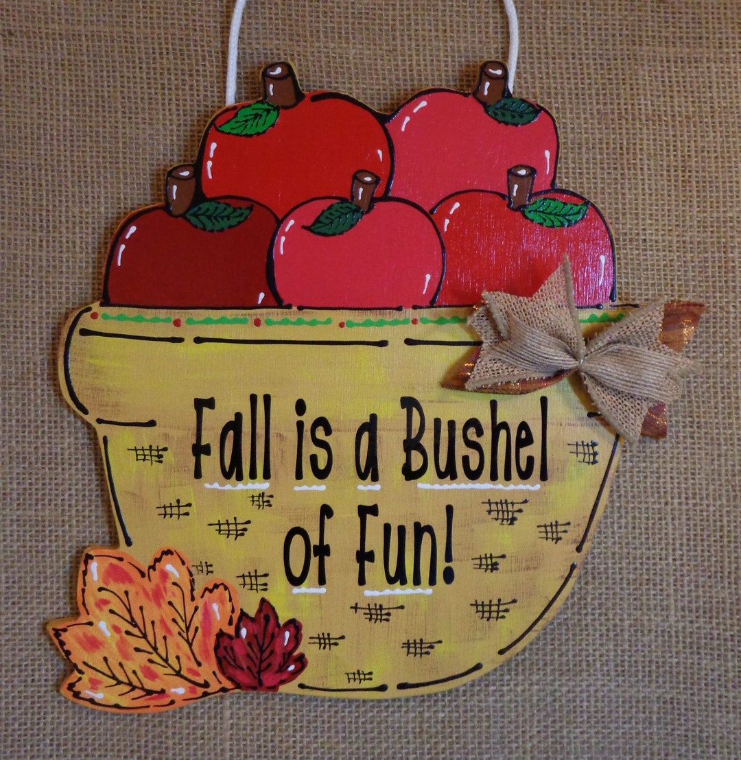 FALL APPLE Basket Sign Bushel of Fun Apples Leaves Autumn Door Hanger ...