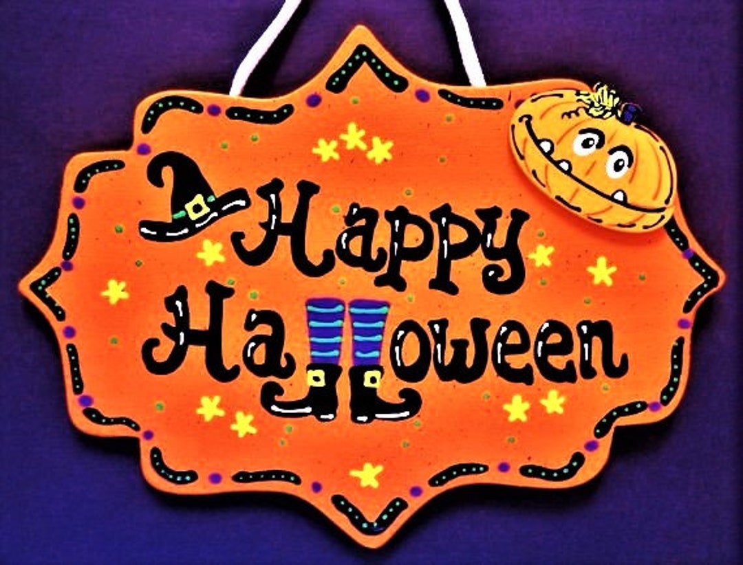 HAPPY HALLOWEEN SIGN Pumpkin Witch Hat & Shoes Wall Hanger - Etsy