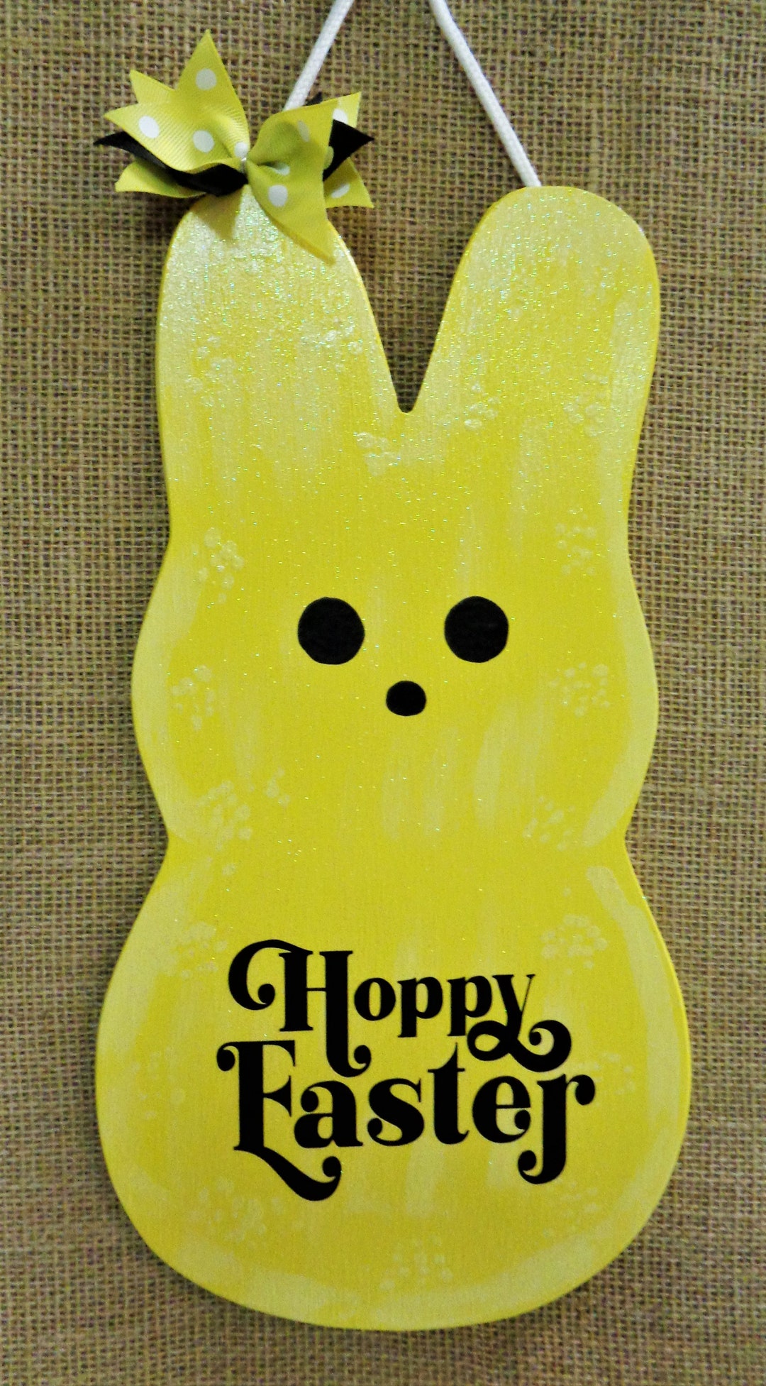 Glittered HOPPY EASTER RABBIT Bunny Door Sign Yellow Wall Art Hanger ...