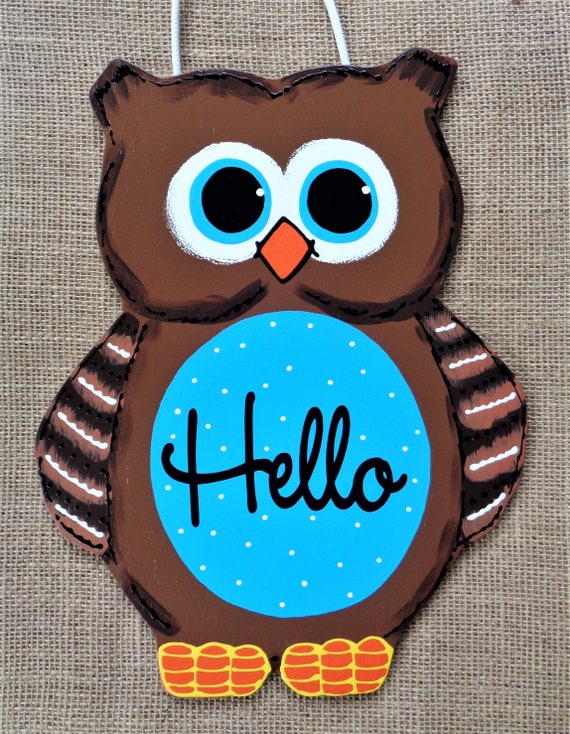 Hello OWL Welcome SIGN Wall Door Plaque Greeting Brown Hand - Etsy
