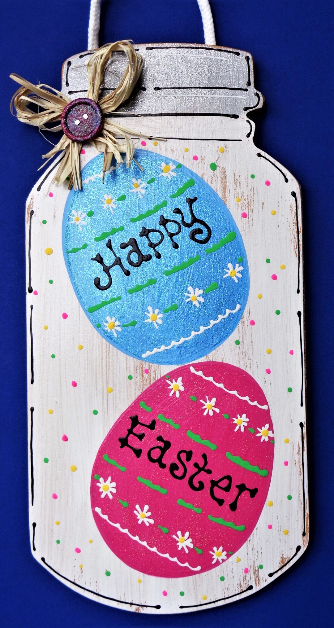 Glittered HAPPY EASTER Wood Mason Jar Sign Wall Door Hanger Plaque ...