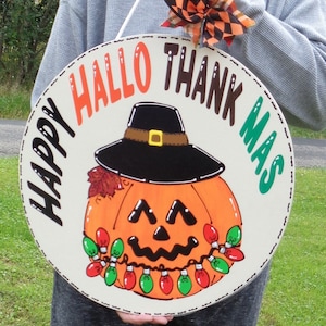 Happy Hallo Thank Mas Sign: Fall Winter Holiday Jack O Lantern Door ...