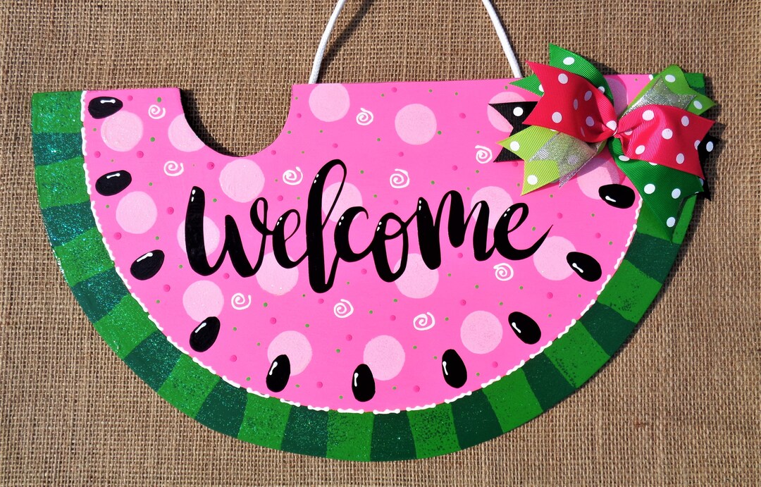 WELCOME GLITTERED Pink Watermelon SIGN Wall Art Door Hanger Plaque ...