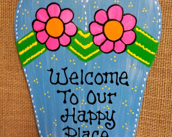 FLIP FLOPS Welcome to Our Happy Place Sign Tiki Bar Pool Hot Tub Beach ...