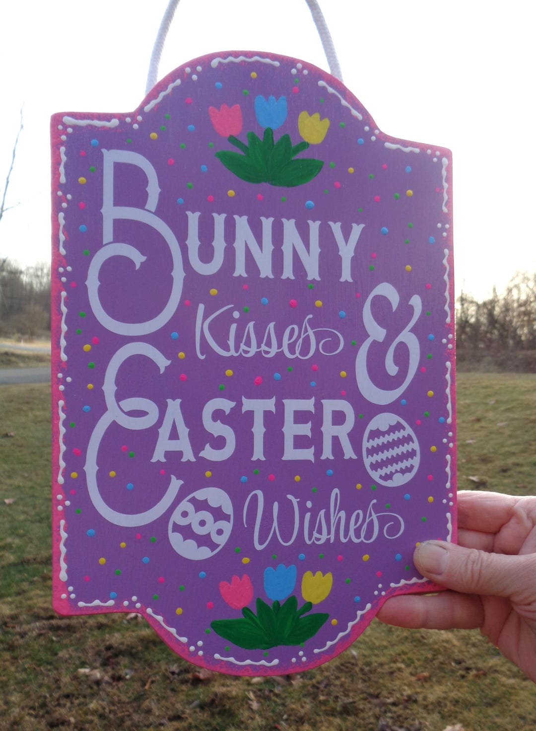 Bunny Kisses EASTER Wishes Sign Wall Art Door Plaque Spring Decor Hand ...