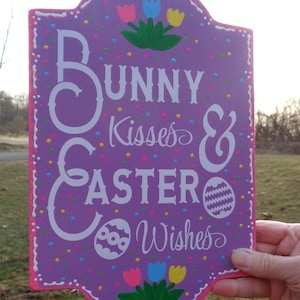 Bunny Kisses EASTER Wishes Sign Wall Art Door Plaque Spring Decor Hand ...