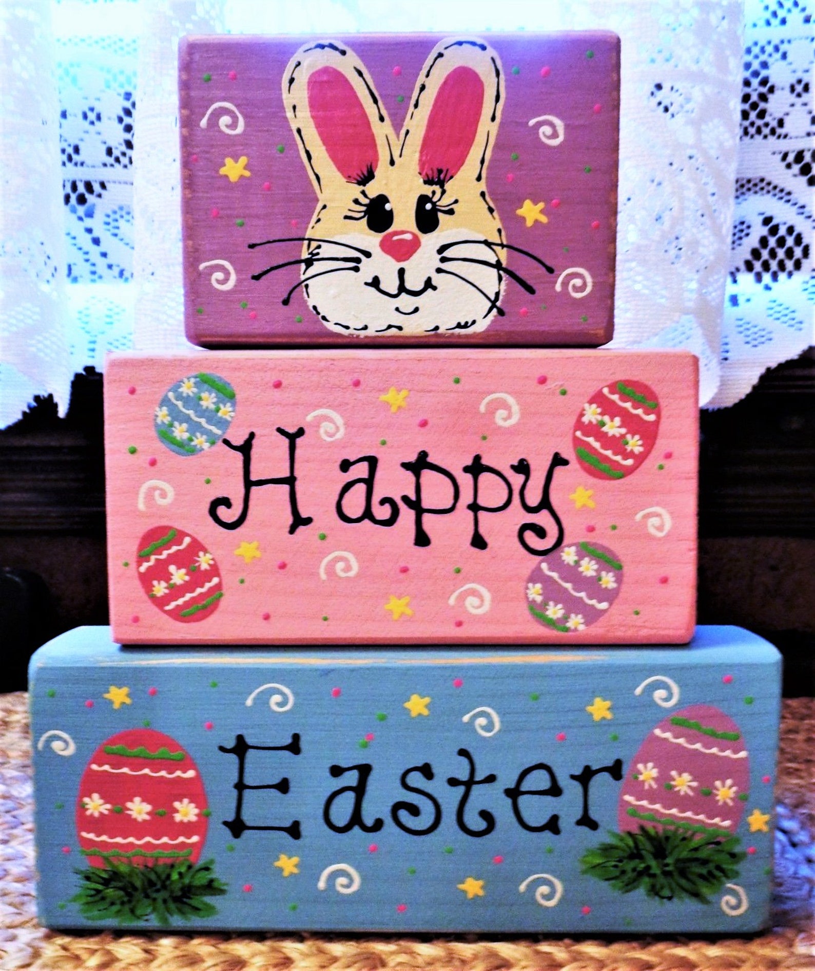 Distressed 3 Pc. Happy Easter WOOD BLOCK Shelf Sitter SET Country ...