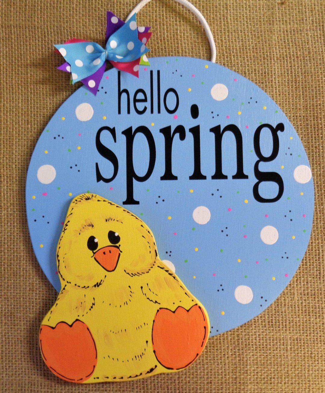 HELLO SPRING Circle Chick Blue Door Sign Hanger Hanging Plaque Seasonal ...