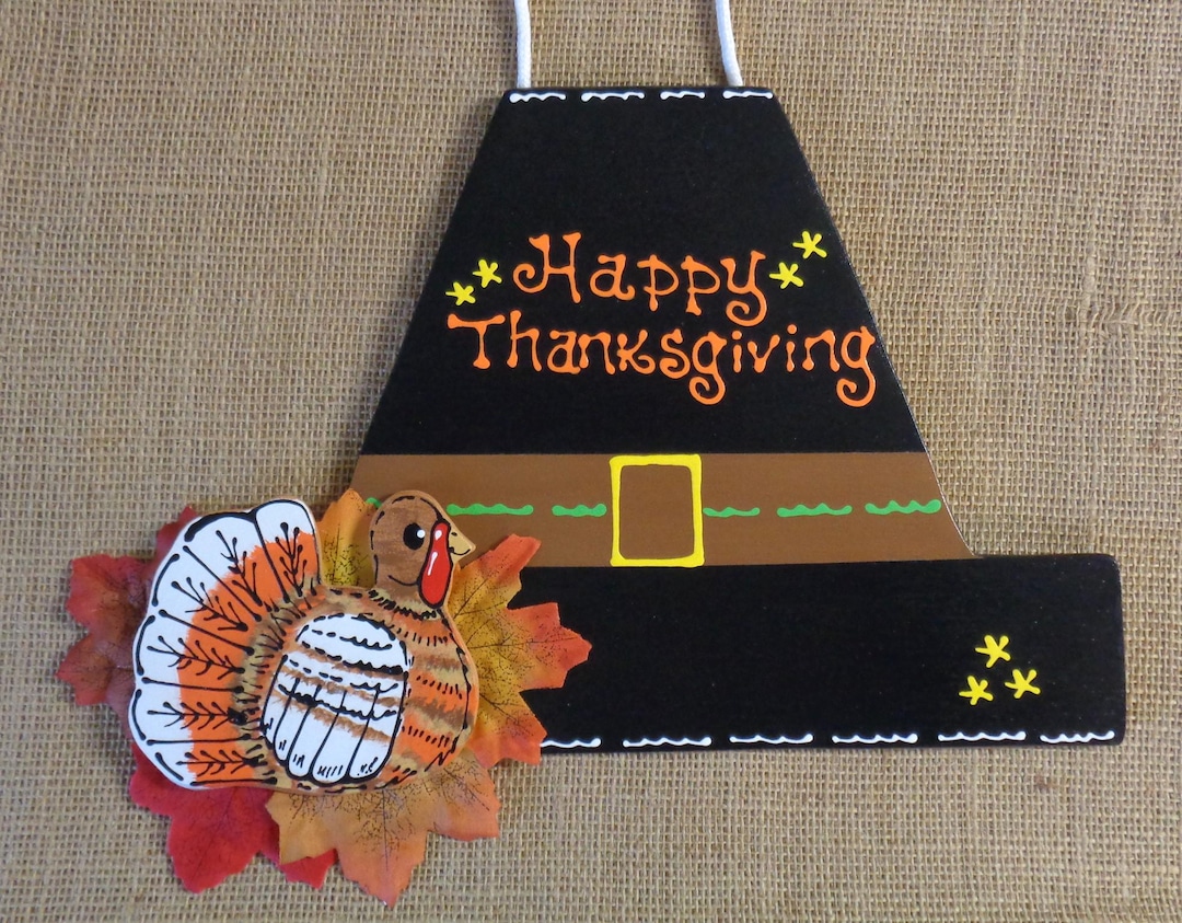 Happy Thanksgiving PILGRIM HAT Sign TURKEY Wall Hanger Plaque Pumpkin ...