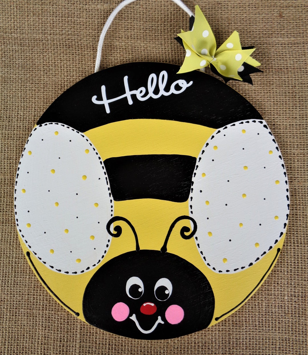 Hello BUMBLE BEE Welcome Circle Sign Handcrafted Hand Painted Wall Art ...