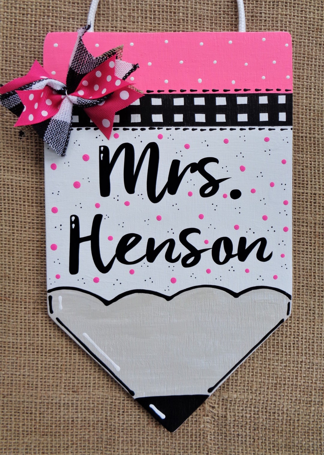 Personalized TEACHER PENCIL SIGN Name White Black Checkered Plaque ...