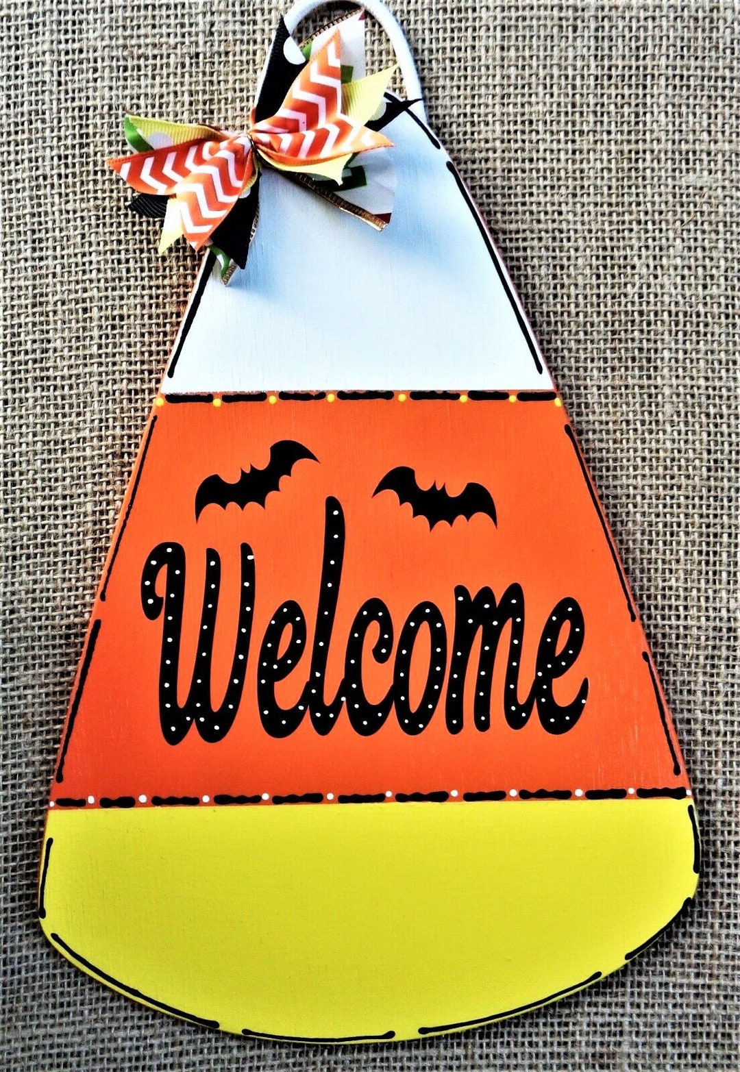 Halloween CANDY CORN Welcome SIGN Pumpkin Wall Art Door Hanger Plaque ...