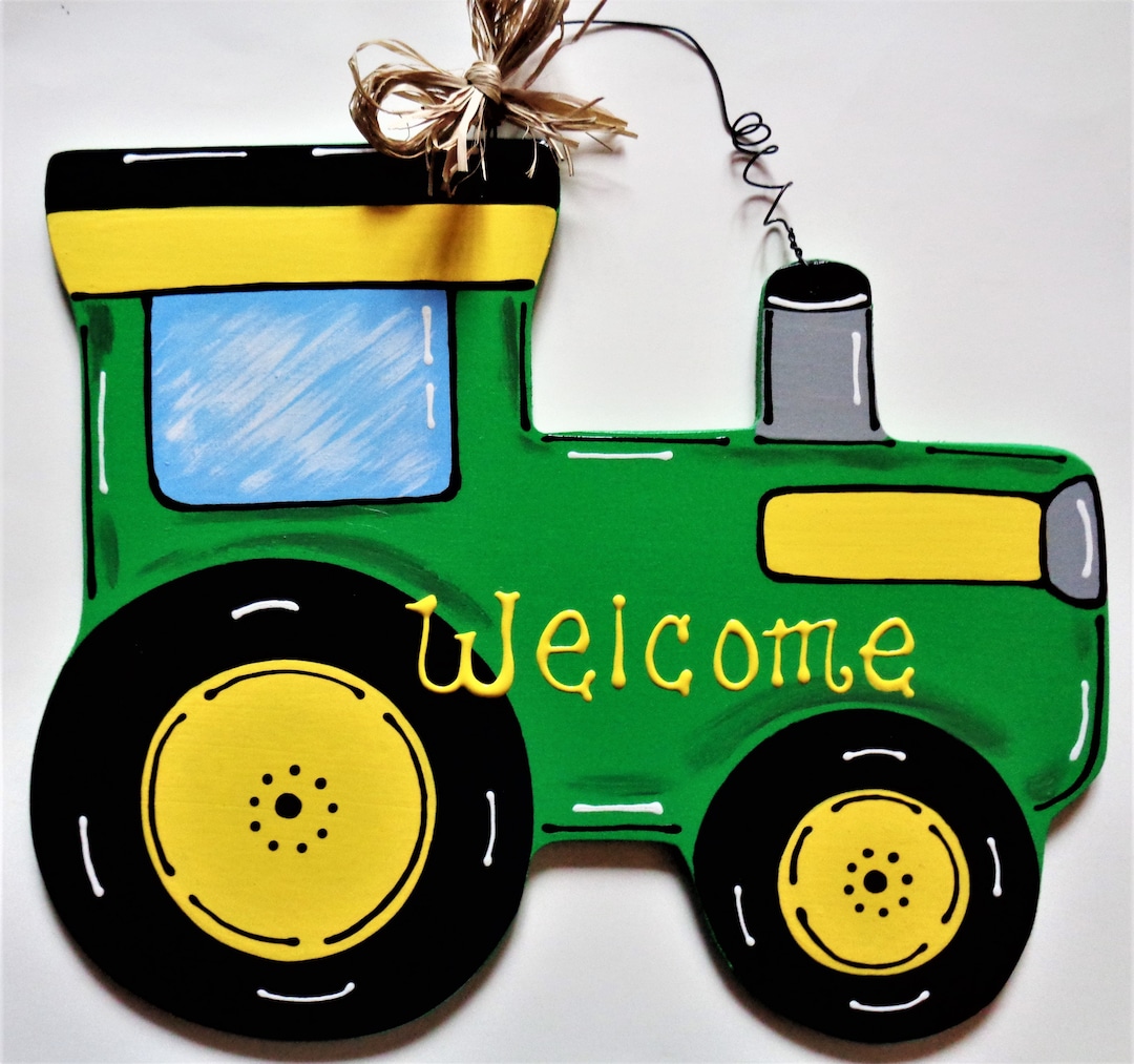 WELCOME Green FARM TRACTOR Sign Wall Art Door Hanger Plaque Handcrafted ...