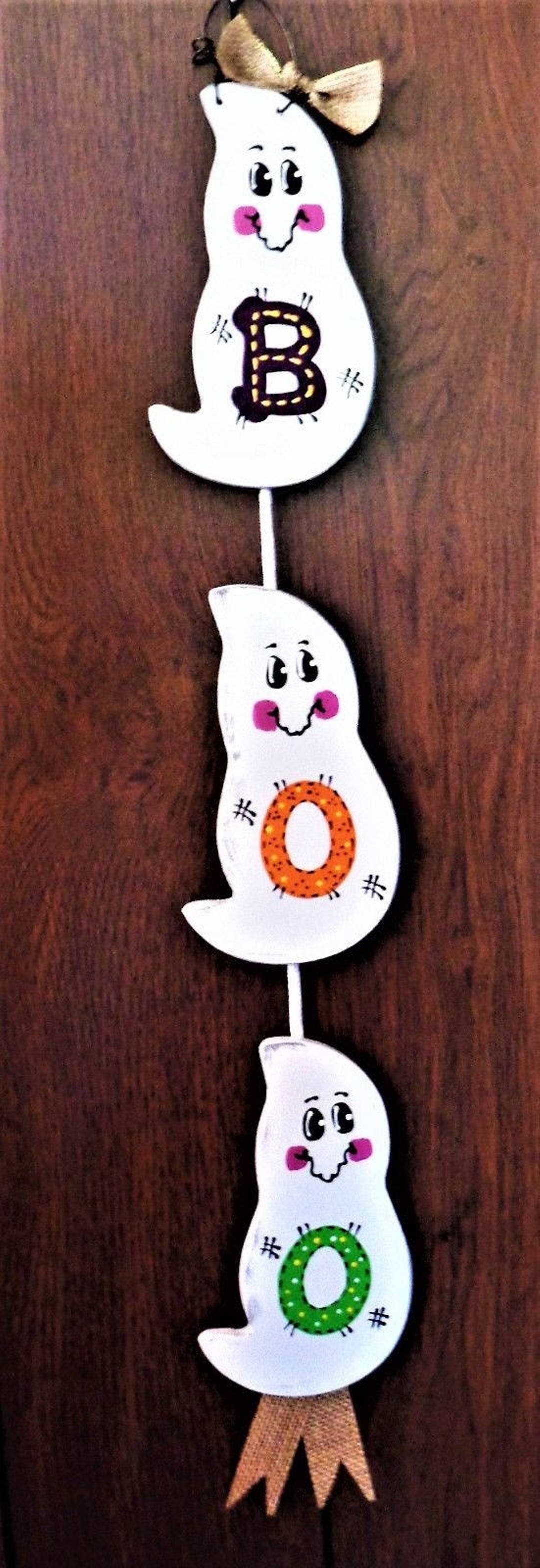 BOO GHOST Halloween HANGER Sign Fall Autumn Holiday Decor Plaque Burlap ...
