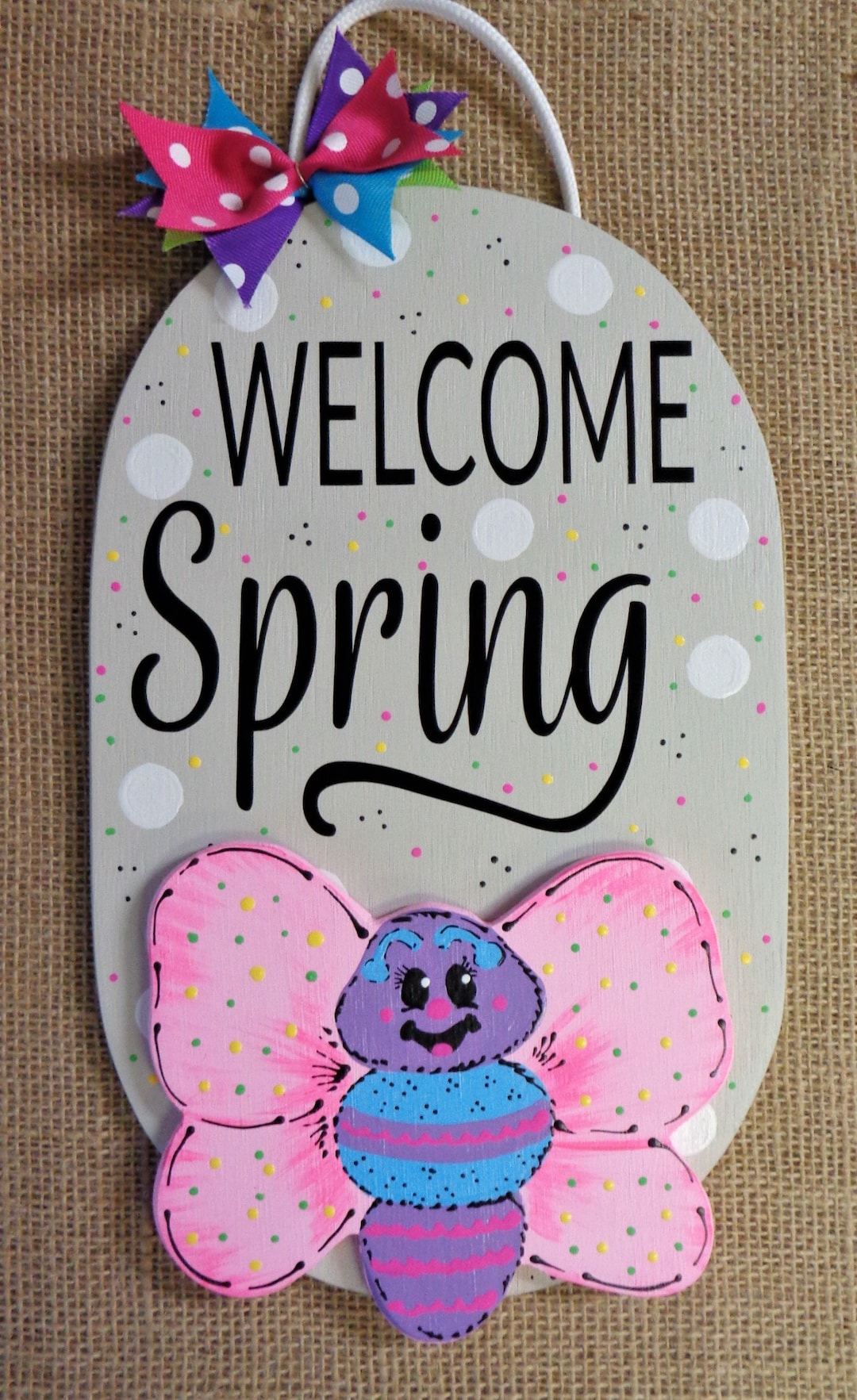 WELCOME SPRING Butterfly Door Sign Hanger Hanging Plaque Seasonal ...
