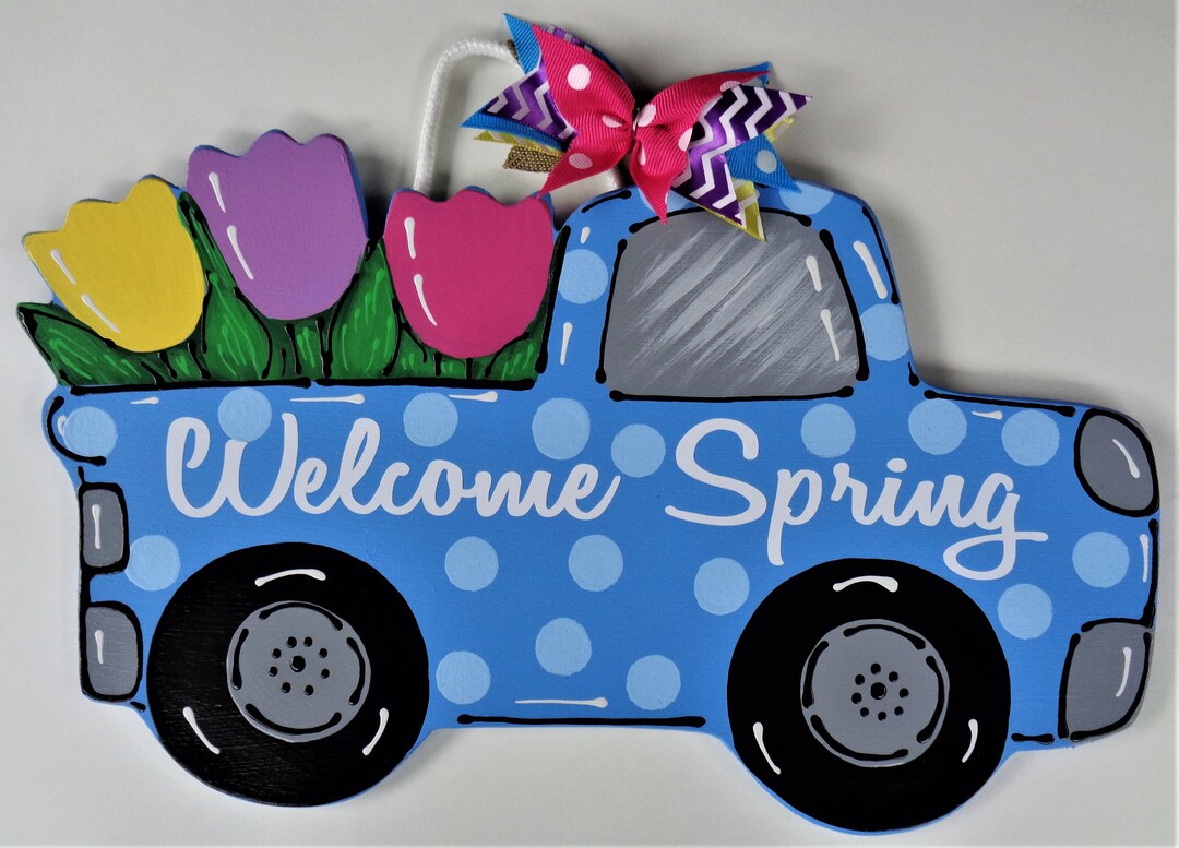 WELCOME SPRING Blue W/light Blue Polka Dots TRUCK Wall Art Door Hanger ...