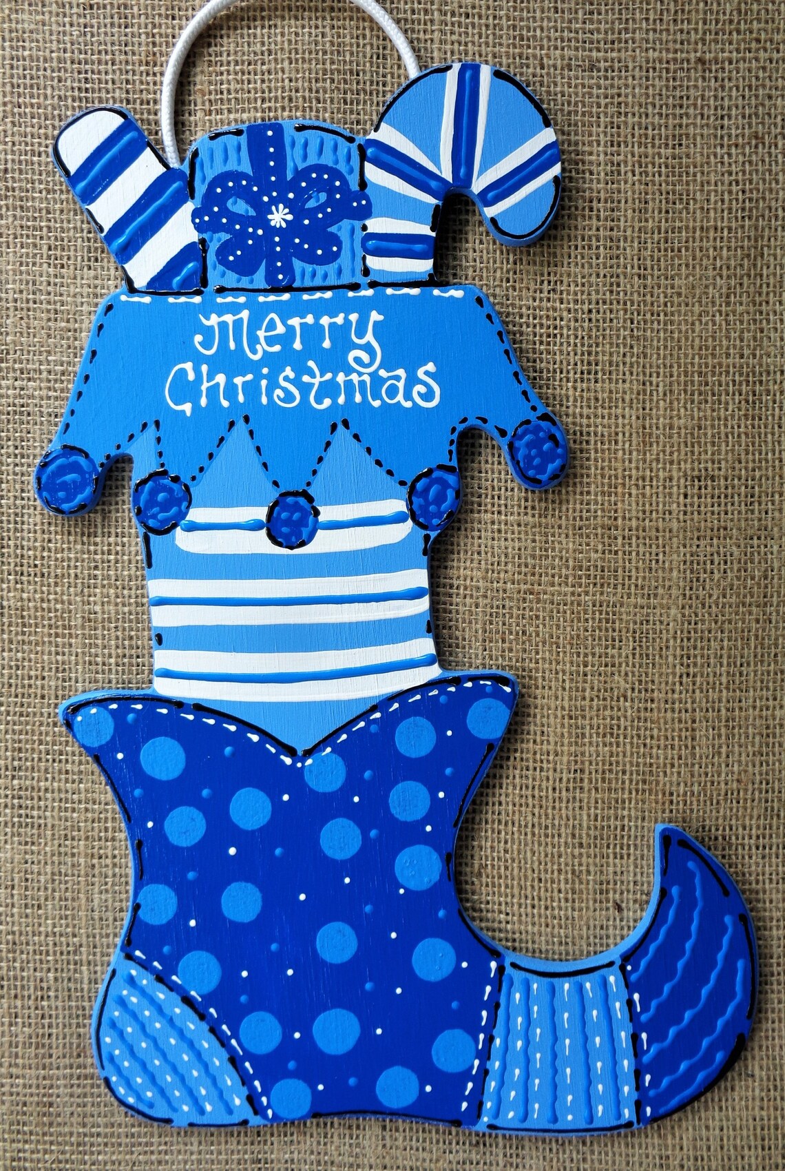 ELF Stocking SHOE Merry Christmas SIGN Wall Art Blue Door Hanging ...