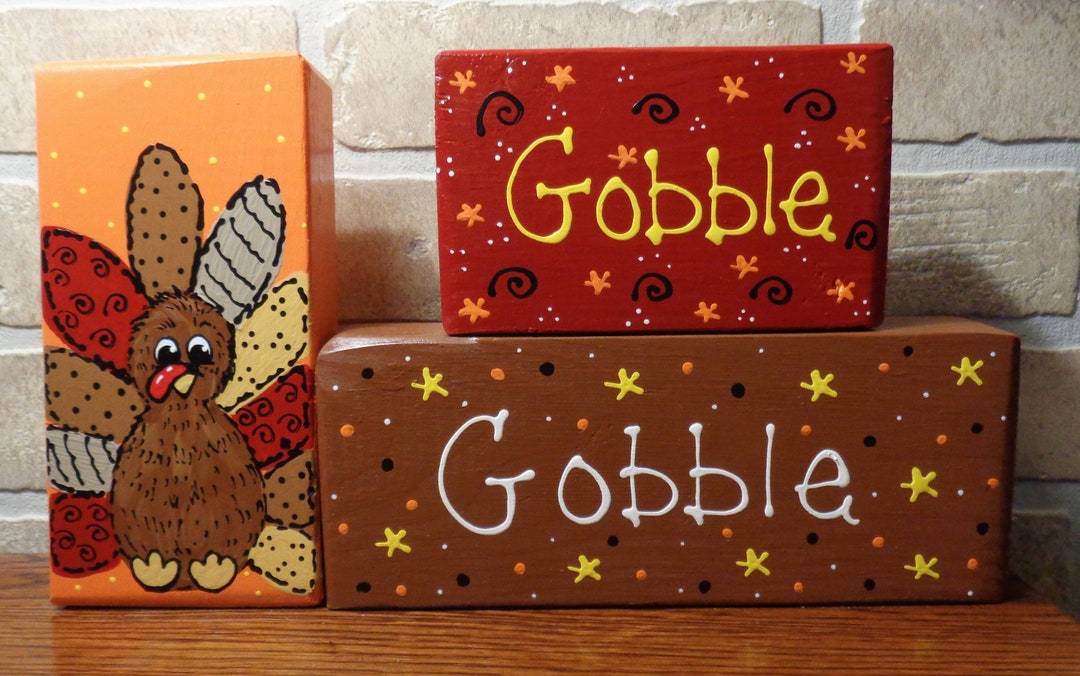 Gobble Gobble 3 Pc. Turkey WOOD BLOCK Shelf Sitter SET Thanksgiving ...