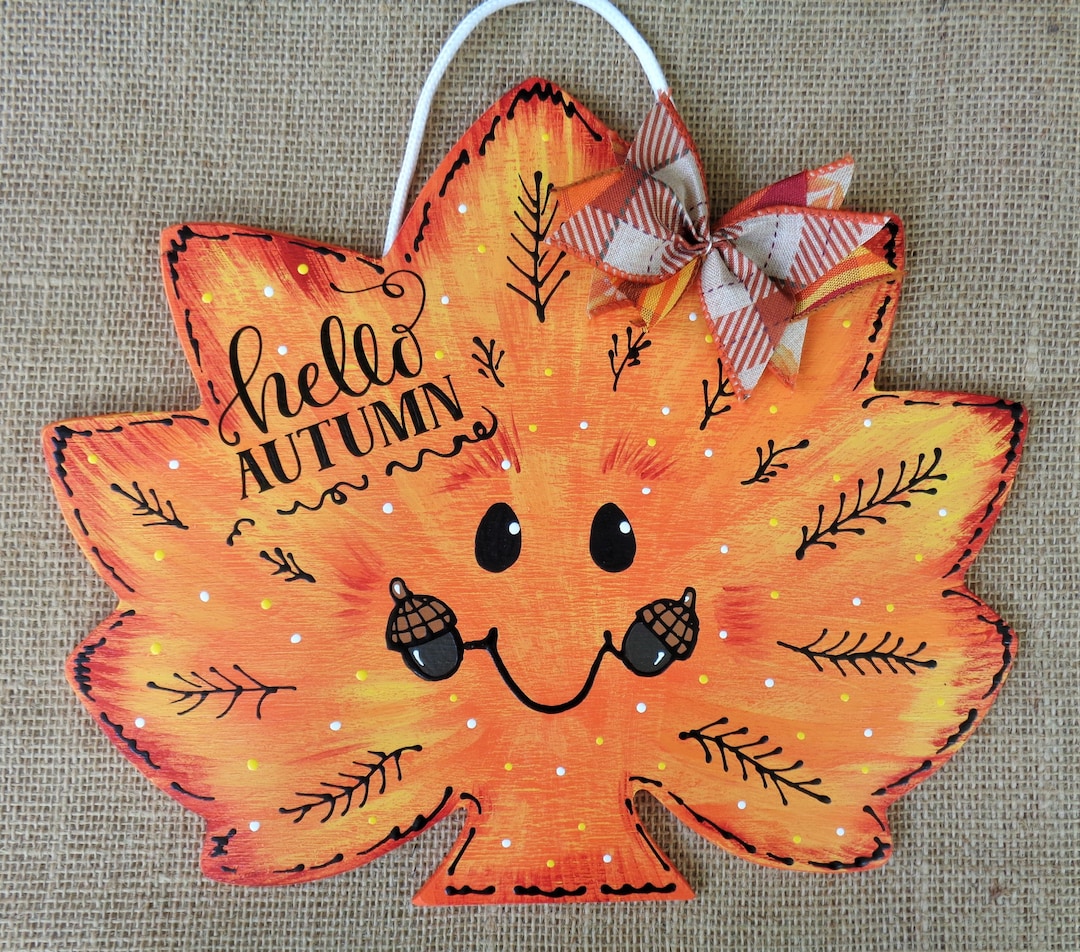 Hello Autumn Leaf Sign Fall Acorn Holiday Decor Country Wood Crafts ...