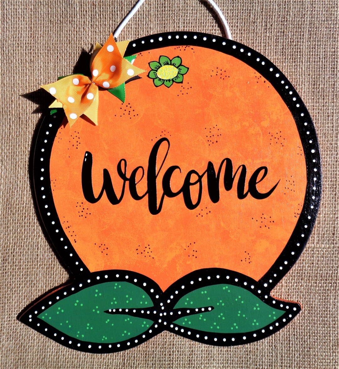 WELCOME Teacher ORANGE SIGN Wall Art Door Plaque Hanger Fruit Decor ...