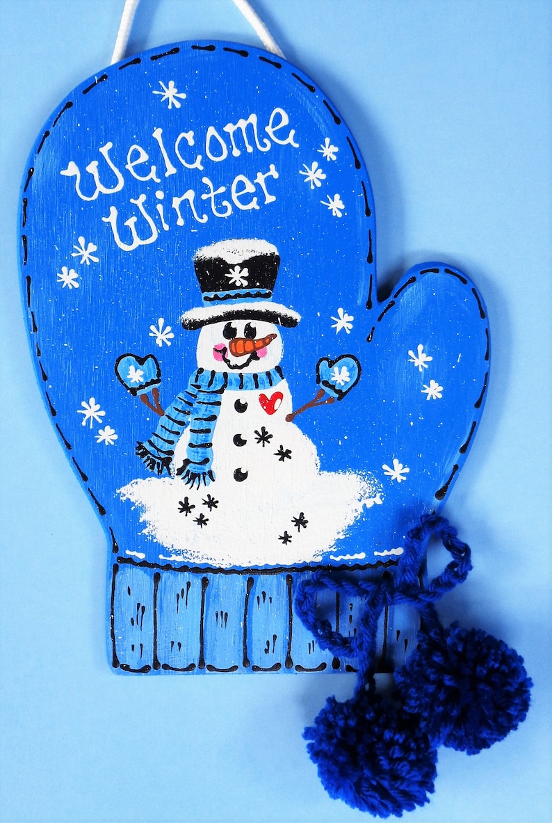 SNOWMAN MITTEN Welcome Winter SIGN Wall Door Hanger Plaque - Etsy