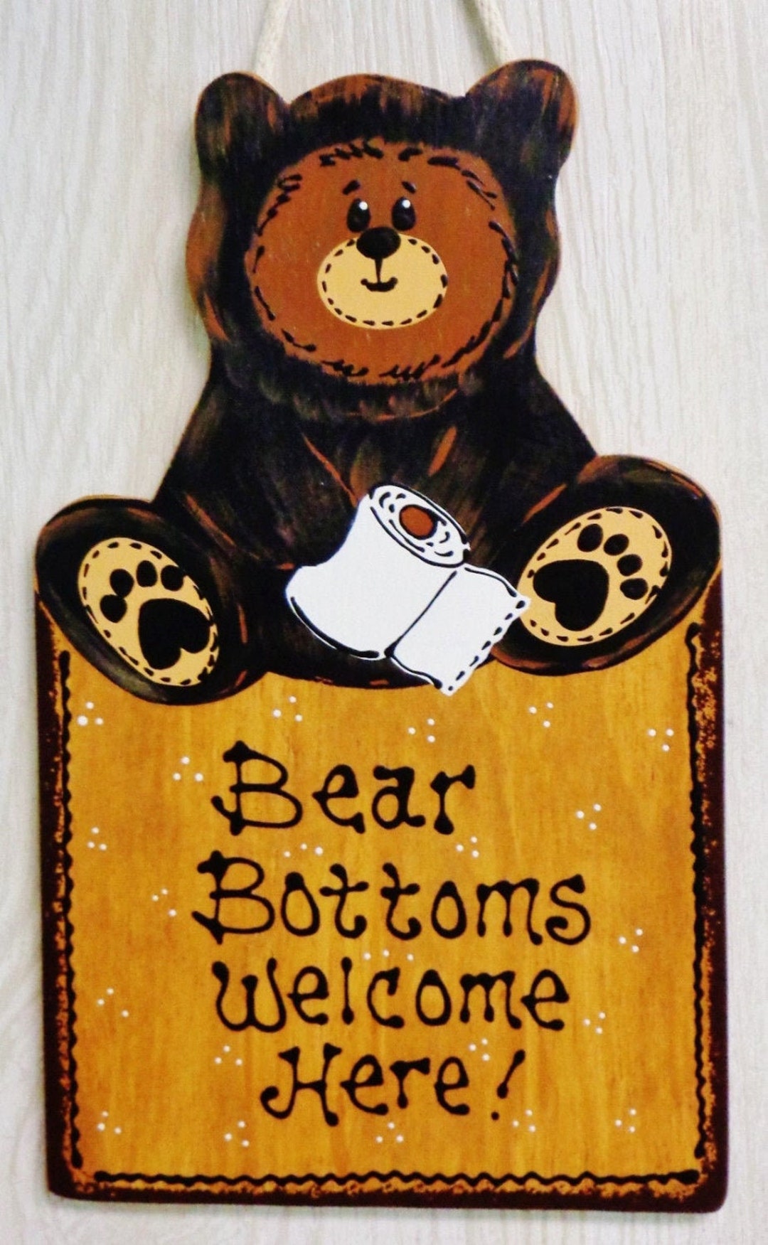 BEAR BOTTOMS Welcome Here SIGN Rustic Bath Bathroom Country Wood Plaque ...