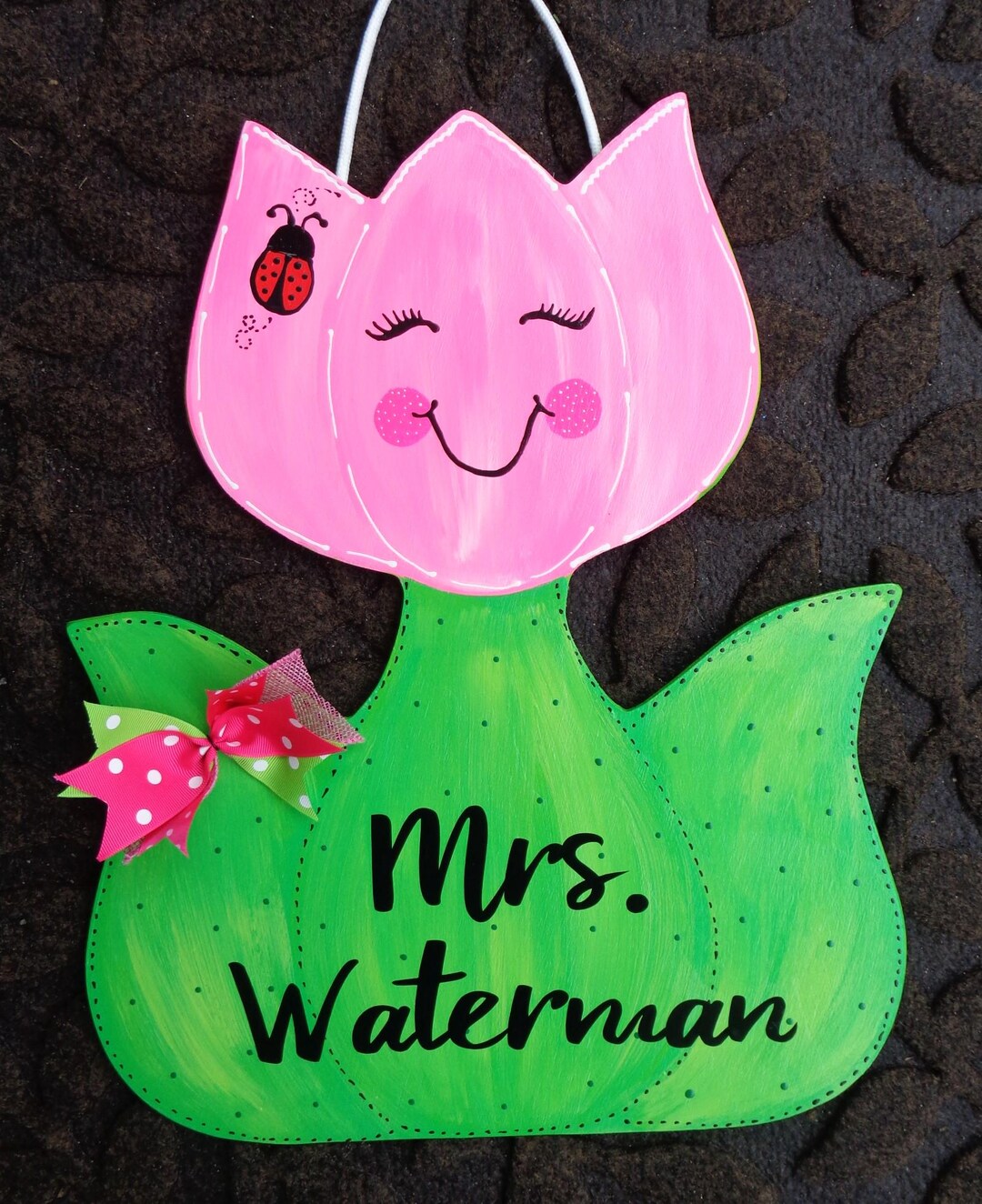 Personalized Tulip Sign: Hand-painted Wooden Door Hanger With Ladybug ...