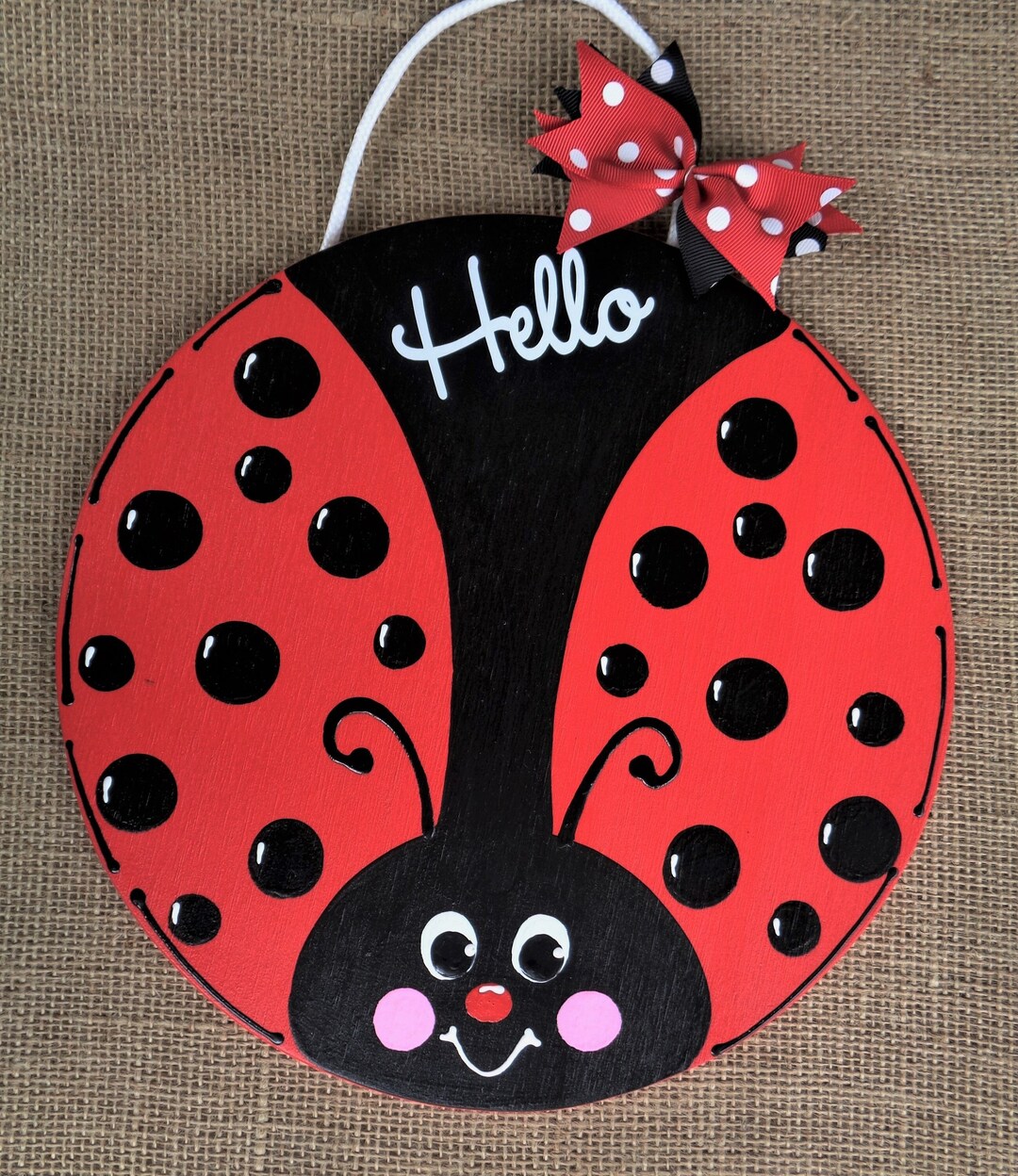 Hello LADYBUG Welcome Circle Sign Handcrafted Hand Painted Wall Art ...
