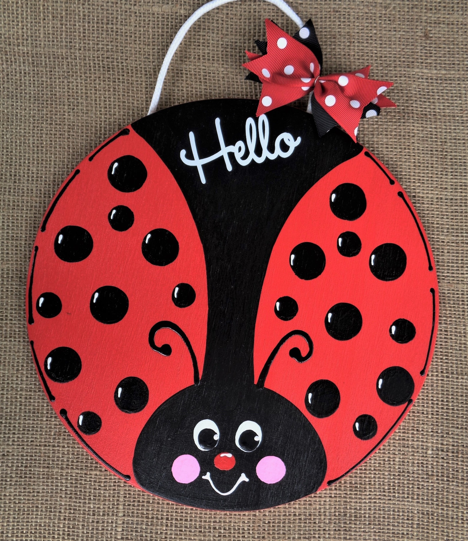 Hello LADYBUG Welcome Circle Sign Handcrafted Hand Painted Wall Art ...