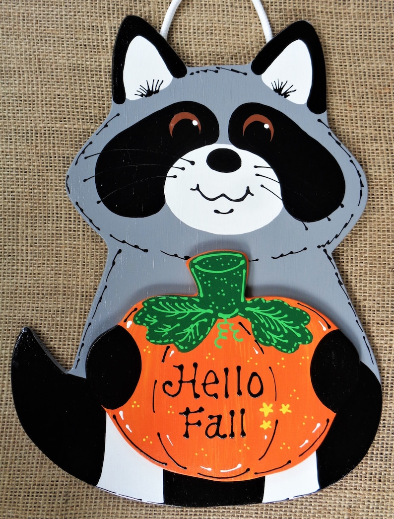 HELLO FALL RACCOON Pumpkin Sign Wall Hanger Door Plaque Autumn - Etsy