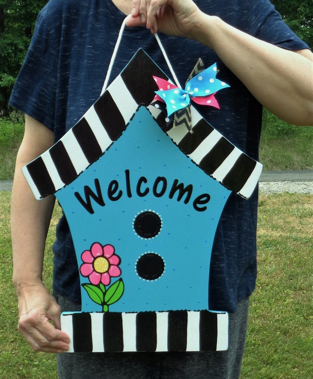 18" Welcome Birdhouse Sign Turquoise Blue Plaque Indoor Outdoor Hand ...