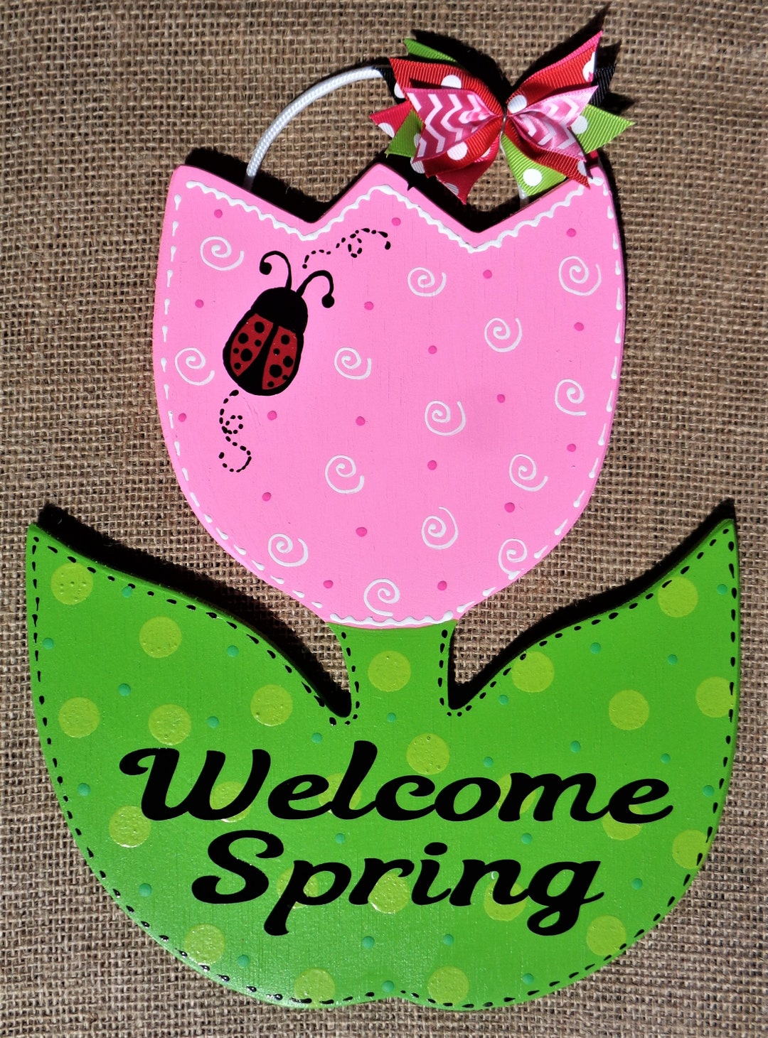 WELCOME SPRING TULIP W/ladybug Sign Wall Art Door Hanger Plaque Wreath ...