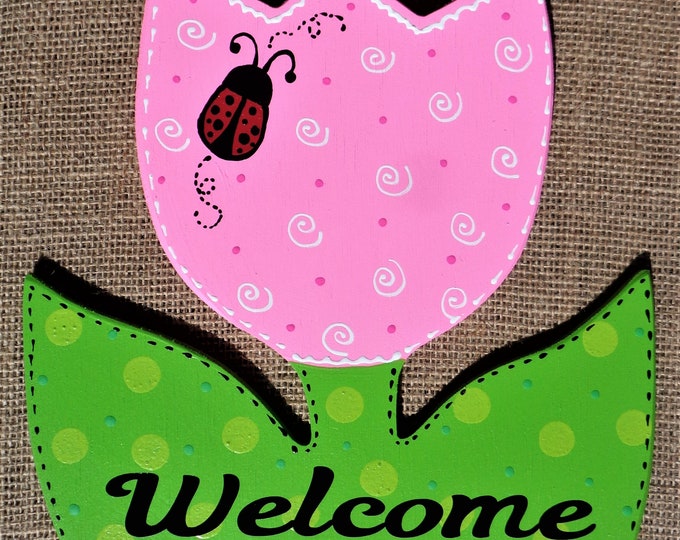 WELCOME SPRING TULIP W/ladybug Sign Wall Art Door Hanger Plaque Wreath ...