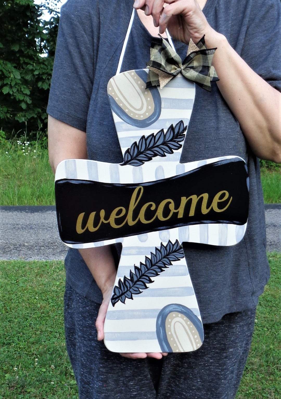 18" WELCOME Cross Family Wall Art Door HOME Sign Hanger Hanging Plaque ...