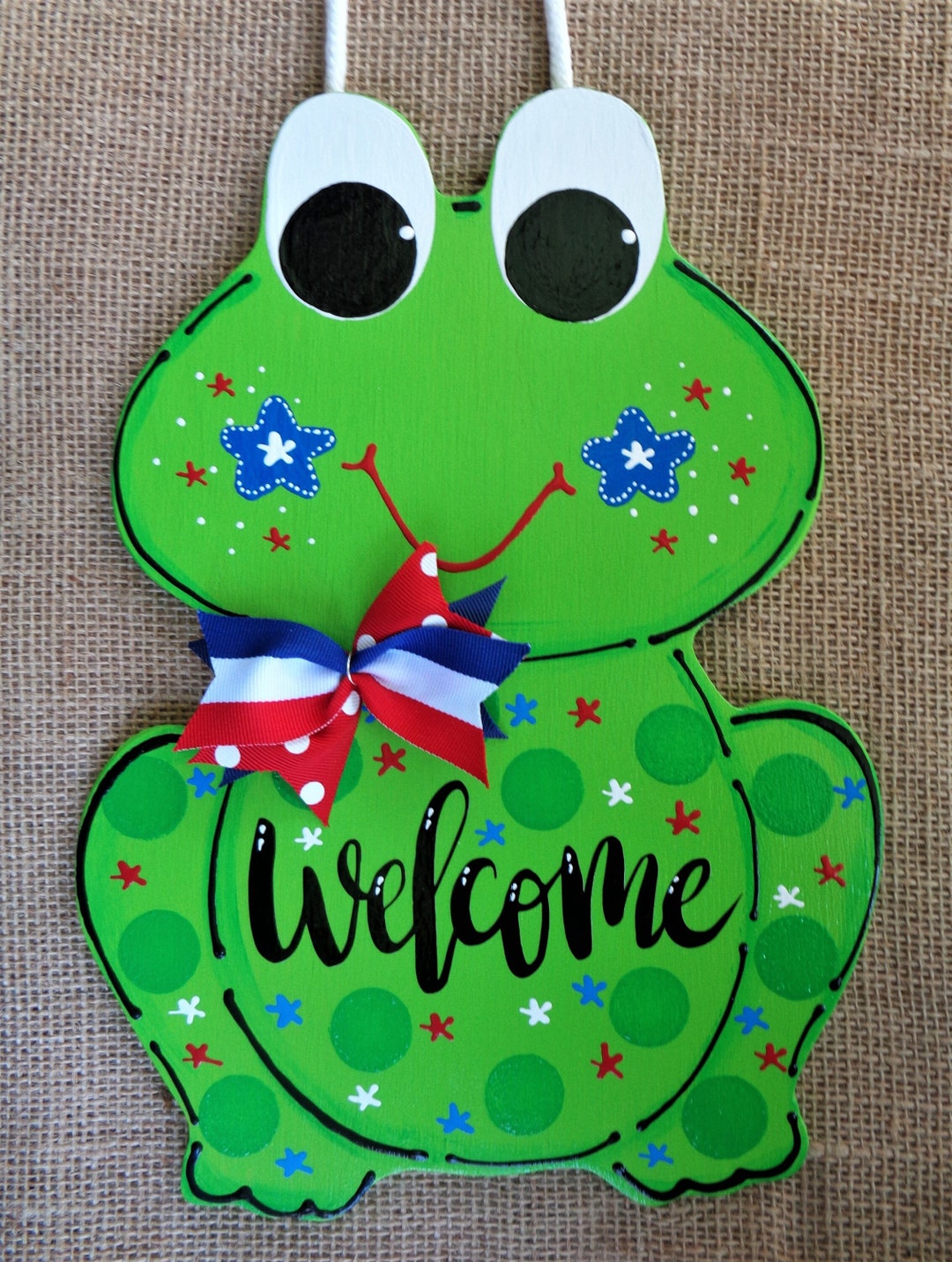 Americana WELCOME USA Frog SIGN Wall Art Door Hanger Plaque Porch Deck ...