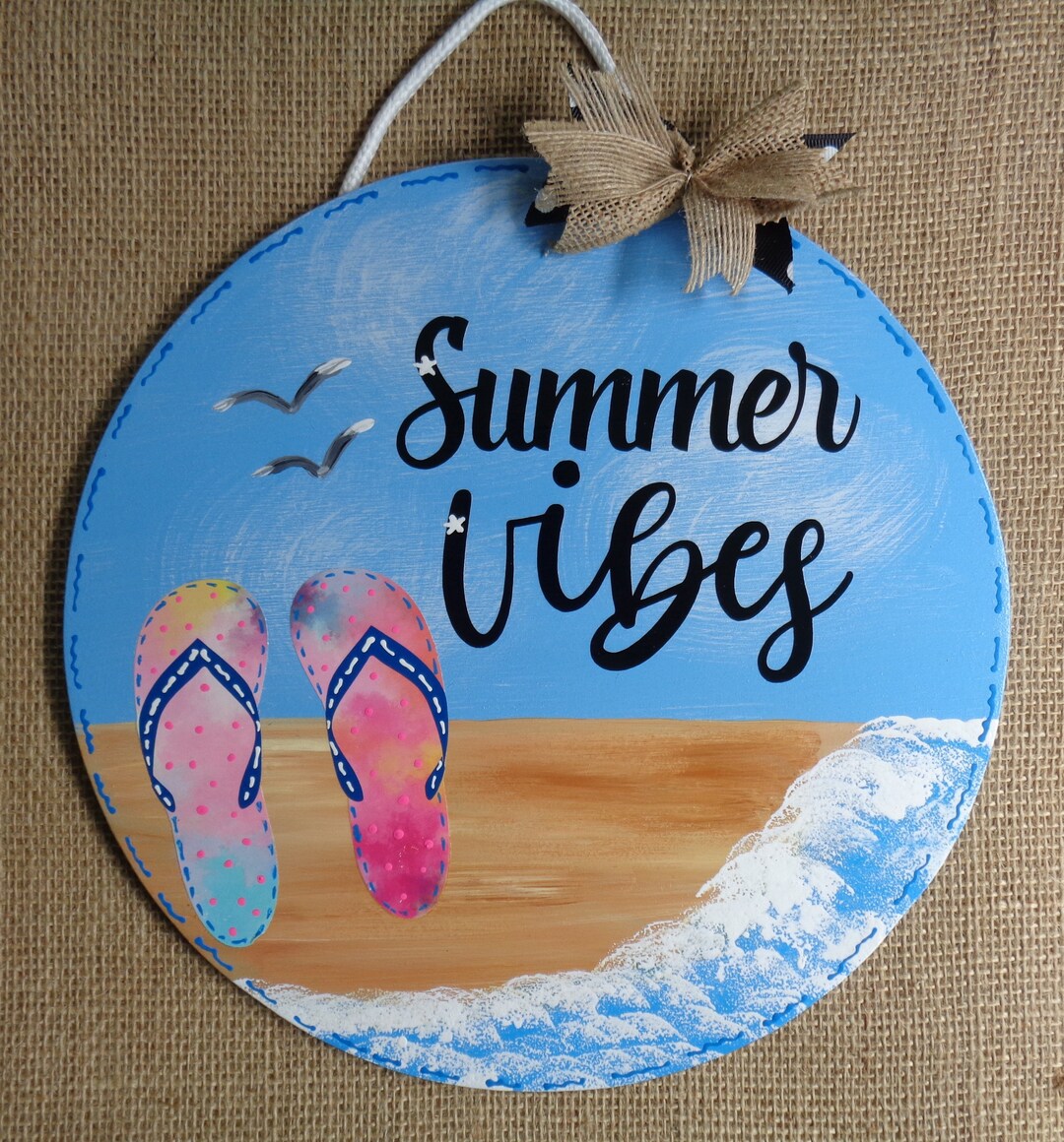 SUMMER VIBES Circle Sign Wood Handcrafted Plaque Door Hanger Outdoor ...