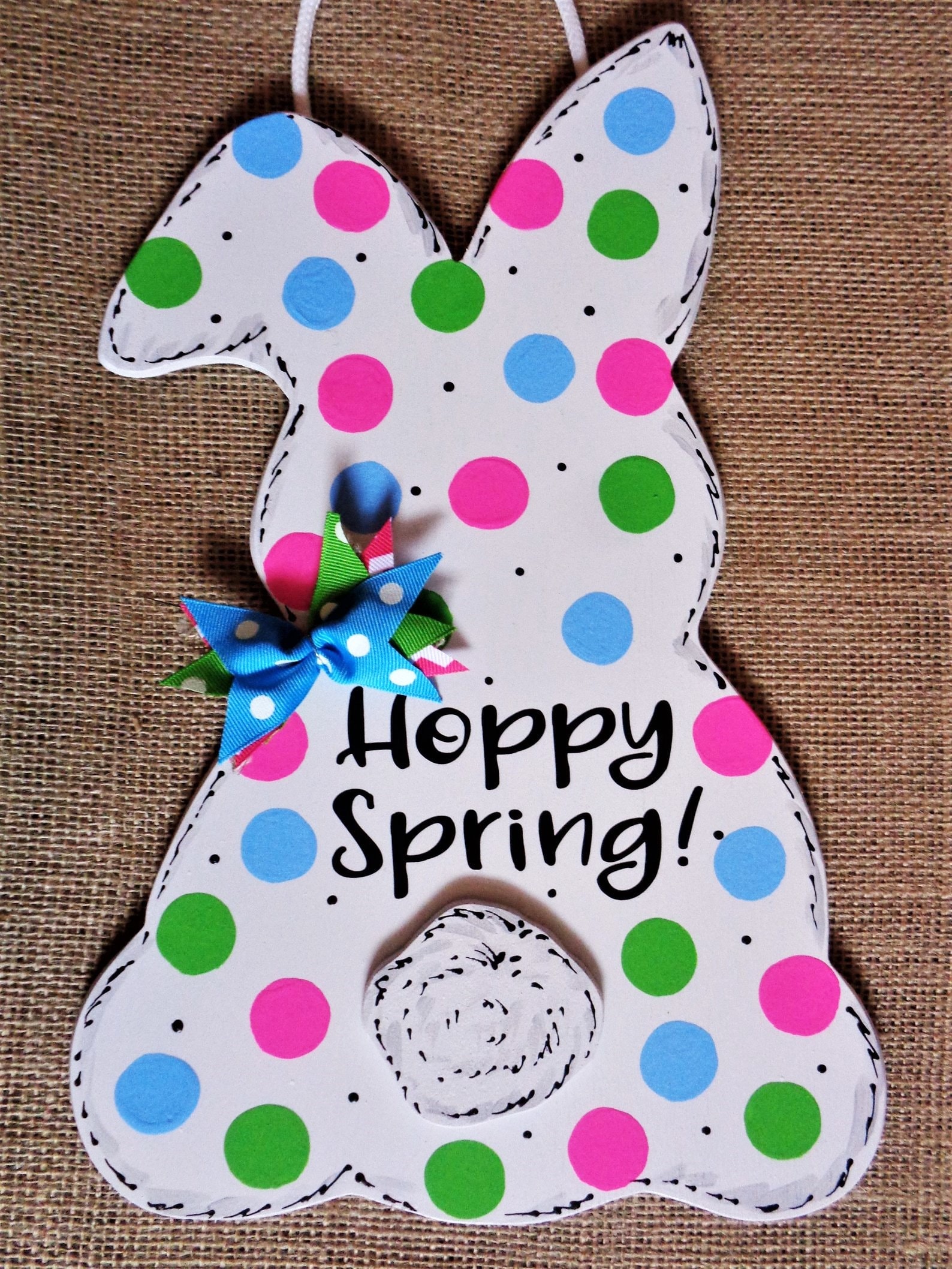 HOPPY SPRING RABBIT Wall Art Door Sign Hanger Hanging Bunny Plaque ...