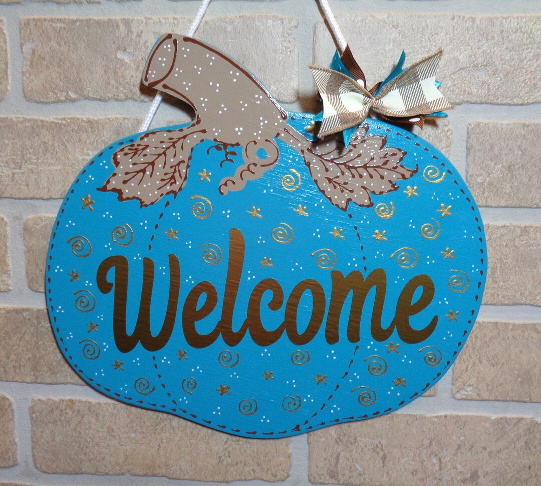 WELCOME Wood Wooden PUMPKIN Welcome Sign Wall Art Door Plaque Hanger ...
