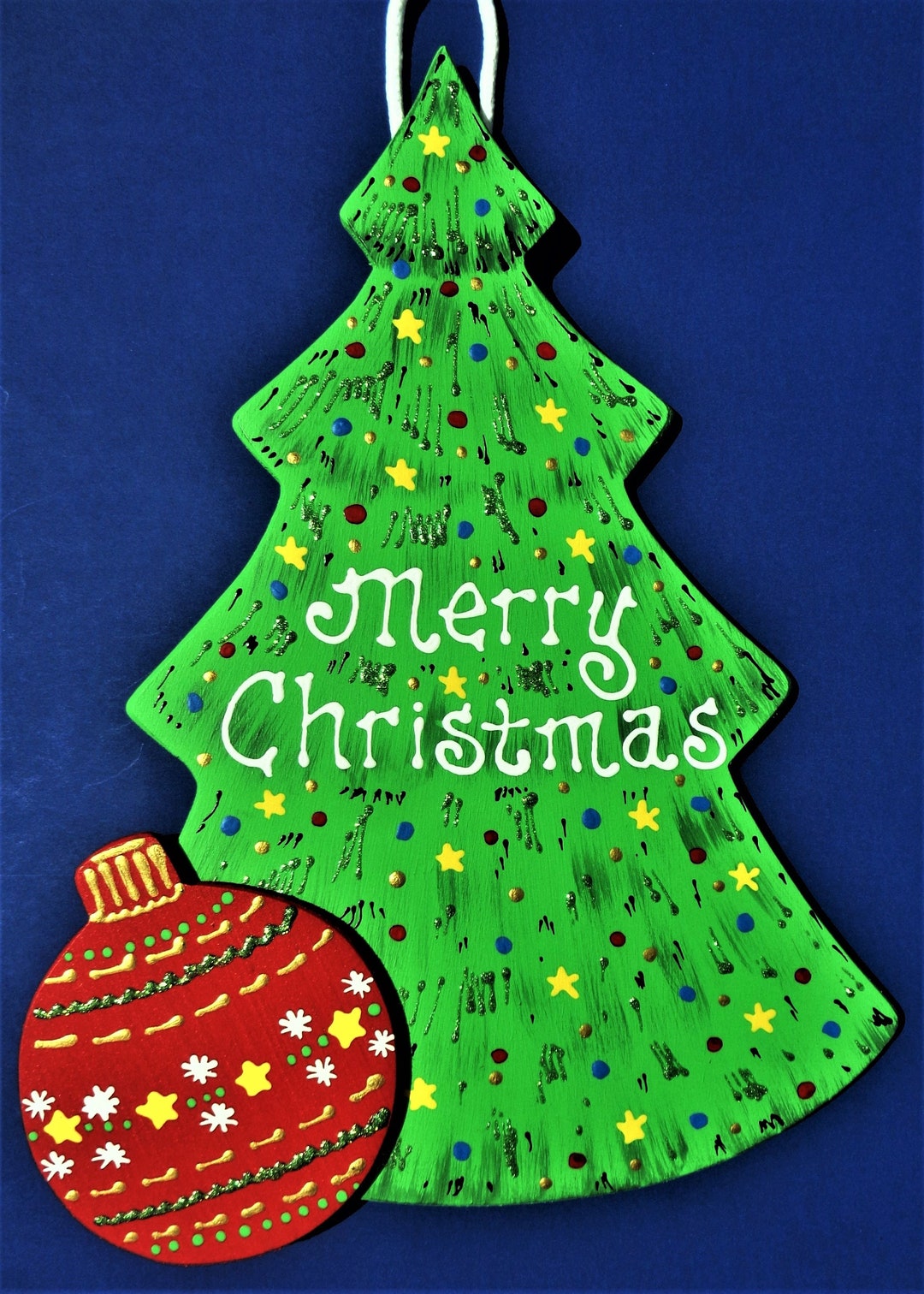 MERRY CHRISTMAS Tree W/ornament SIGN Wall Art Door Hanger Plaque ...