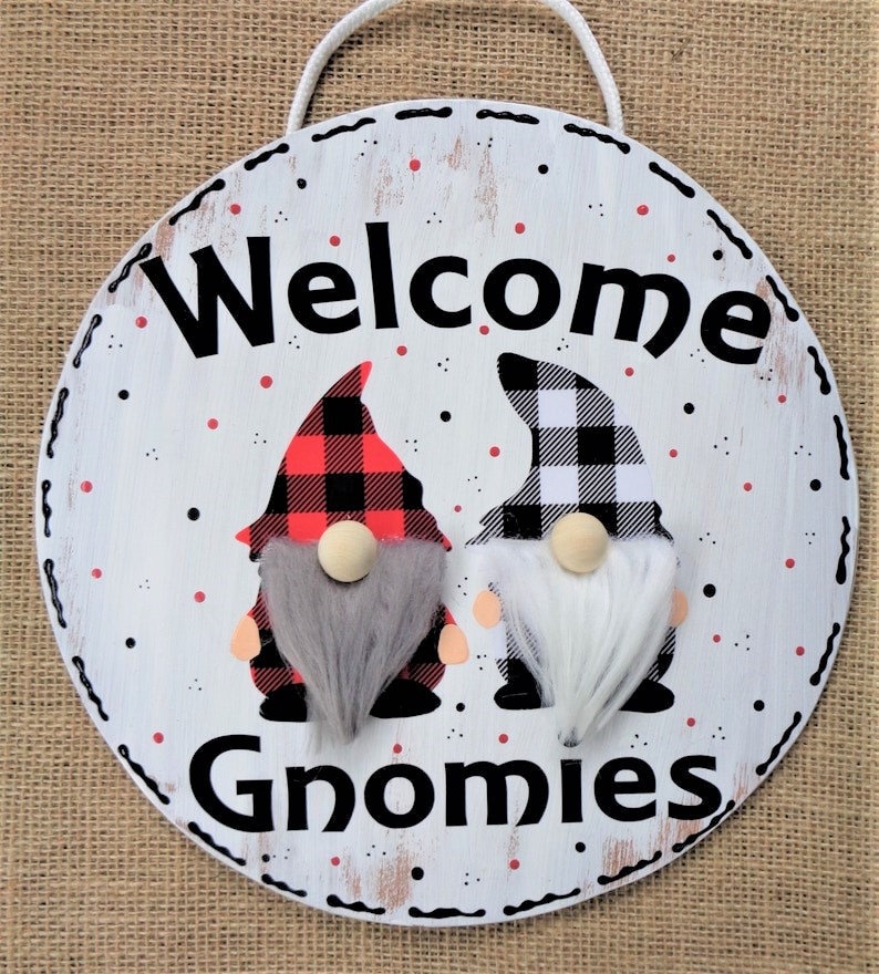 GNOME Distressed White Washed Welcome Gnomies Circle SIGN Primitive ...