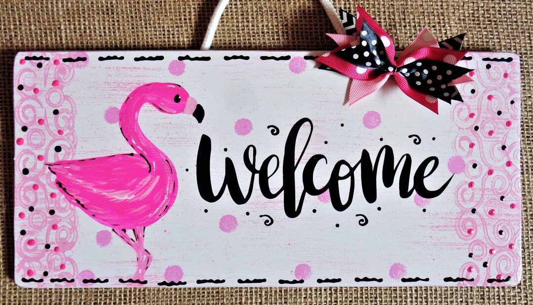 WELCOME Pink FLAMINGO SIGN Tropical Deck Patio Hot Tub Tiki Bar Wall ...
