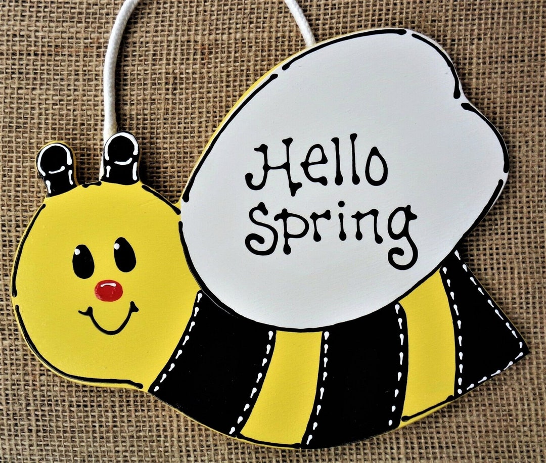 HELLO SPRING Bumblebee Sign Wall Door Hanger Plaque Holiday Handcrafted ...