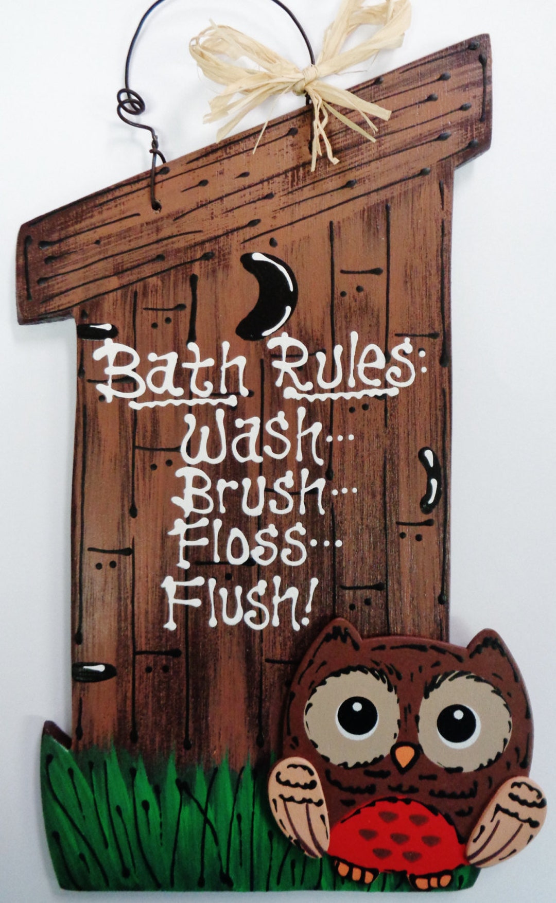 OUTHOUSE Bath Rules OWL SIGN Woods Animal Bathoom Bath Rustic Plaque ...