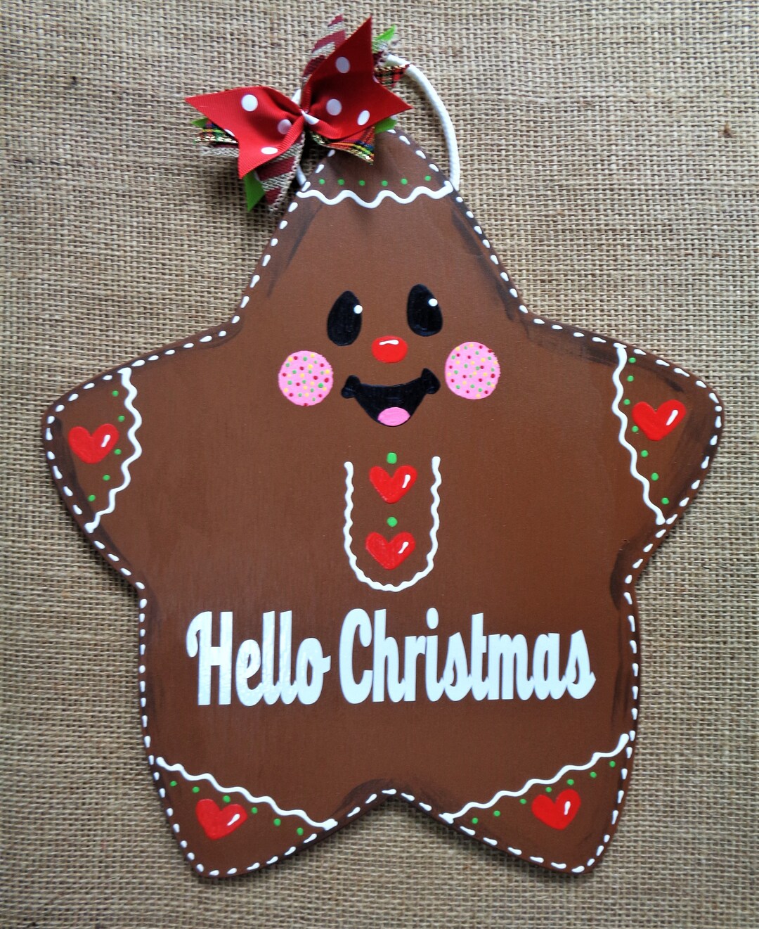 HELLO CHRISTMAS Gingerbread Man Star Shaped Sign Door Plaque Holiday ...