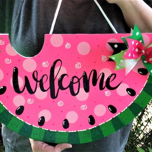 WELCOME Glittered Pink Watermelon SIGN Wall Art Door Hanger Plaque ...
