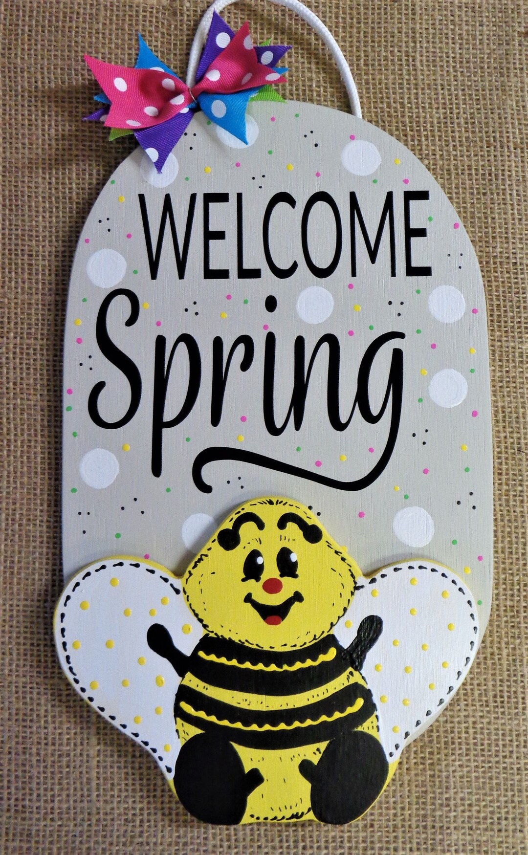 Hand Painted Bumble Bee Welcome Spring Wooden Door Hanger - Etsy