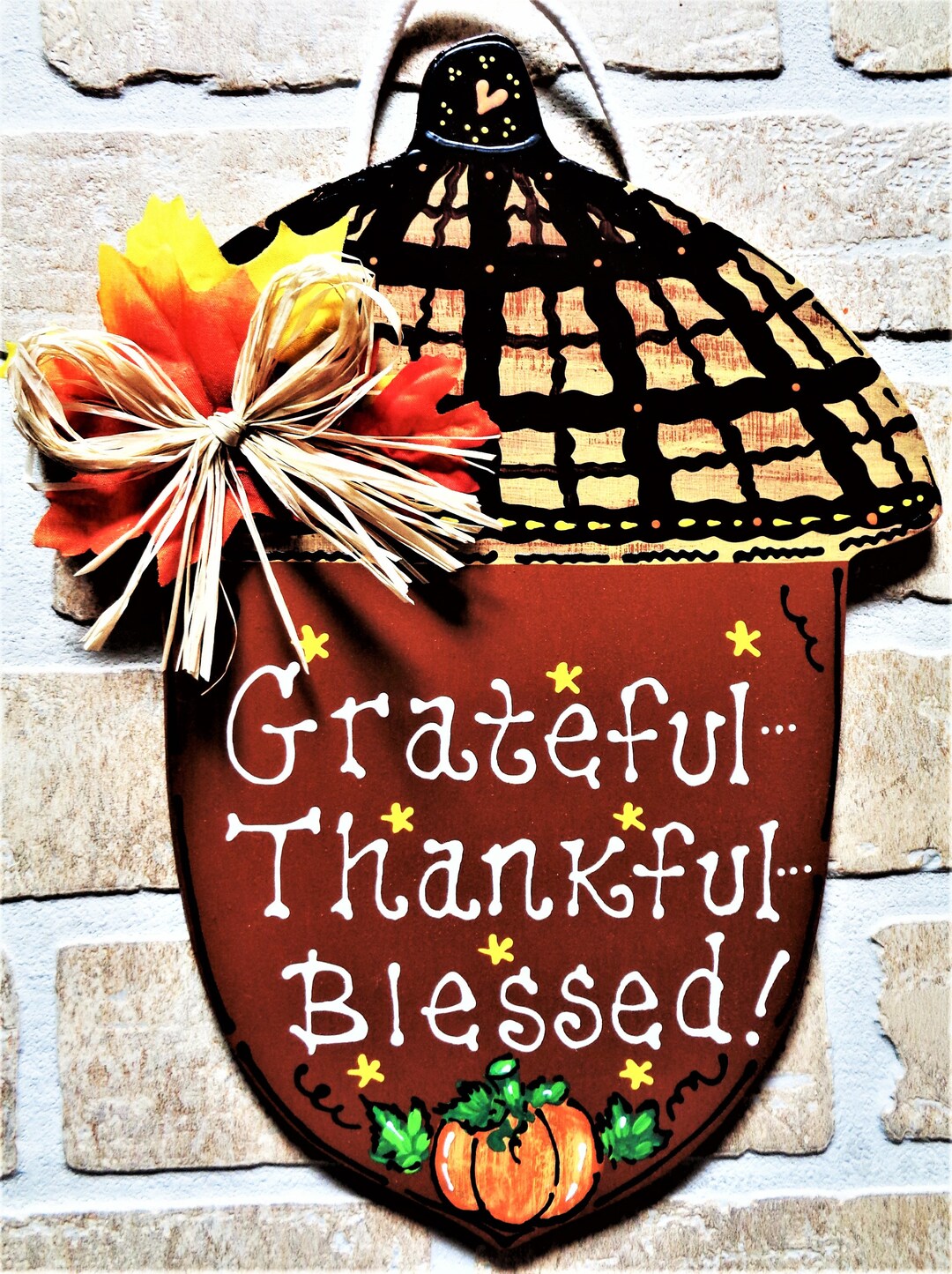 GRATEFUL THANKFUL BLESSED Acorn Sign Autumn Fall Wall Art Door Hanger ...