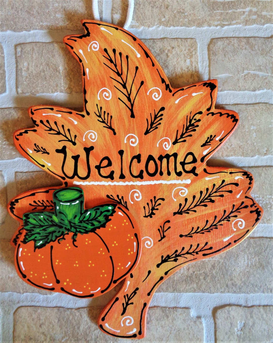 WELCOME FALL LEAF Sign Pumpkin Wall Door Hanger Autumn Plaque ...